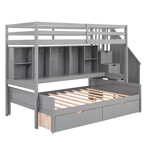 DEYOBED Twin Over Full Wooden Bunk Bed with Storage Shelves Drawers and Staircase for Kids Teens Adults