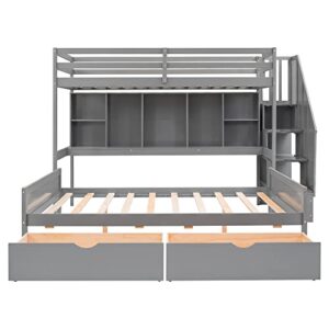 DEYOBED Twin Over Full Wooden Bunk Bed with Storage Shelves Drawers and Staircase for Kids Teens Adults