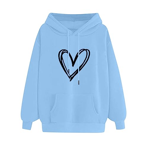 ZunFeo grey sweatshirt women blak friday deals Hoodies for Teen Girls Cute Heart Graphic Pullover Tops Oversized Drawstring Sweatshirts Soft Y2k Top Sky Blue S