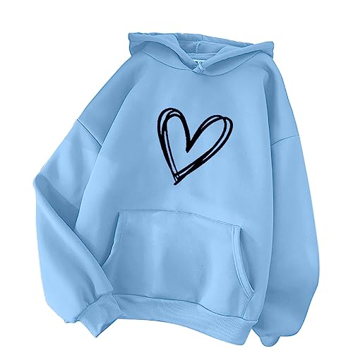 ZunFeo grey sweatshirt women blak friday deals Hoodies for Teen Girls Cute Heart Graphic Pullover Tops Oversized Drawstring Sweatshirts Soft Y2k Top Sky Blue S