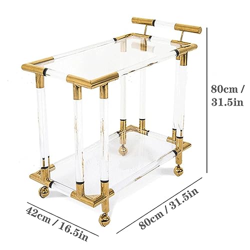 VLOBAOM Gold Bar Cart with Wheels, Home Bar Serving Cart, Luxurious Acrylic Coffee Bar Cart for Kitchen Party Outdoor, Storage Rack,31.5x16.5x31.5in,Clear