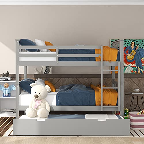 LCH Bunk Bed,Full Over Full Size Bunk Bed with Twin Size Trundle and Ladder for Bedroom,Guest Room and Dorm,Mutifunctional Bunk Bed for Kids,Adults,Teens,No Box Spring Needed,Gray