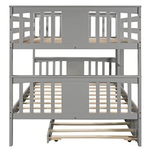 LCH Bunk Bed,Full Over Full Size Bunk Bed with Twin Size Trundle and Ladder for Bedroom,Guest Room and Dorm,Mutifunctional Bunk Bed for Kids,Adults,Teens,No Box Spring Needed,Gray