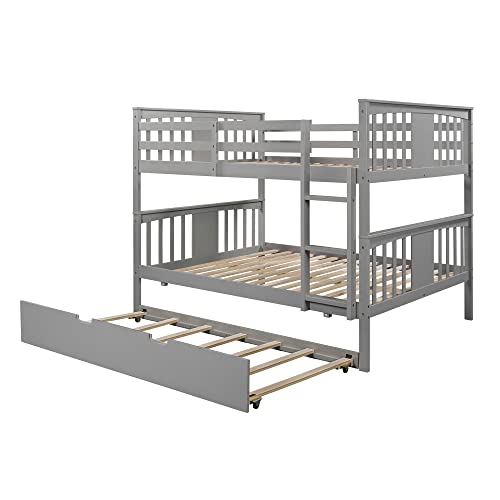 LCH Bunk Bed,Full Over Full Size Bunk Bed with Twin Size Trundle and Ladder for Bedroom,Guest Room and Dorm,Mutifunctional Bunk Bed for Kids,Adults,Teens,No Box Spring Needed,Gray