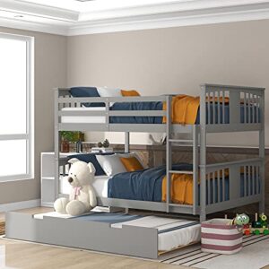 LCH Bunk Bed,Full Over Full Size Bunk Bed with Twin Size Trundle and Ladder for Bedroom,Guest Room and Dorm,Mutifunctional Bunk Bed for Kids,Adults,Teens,No Box Spring Needed,Gray