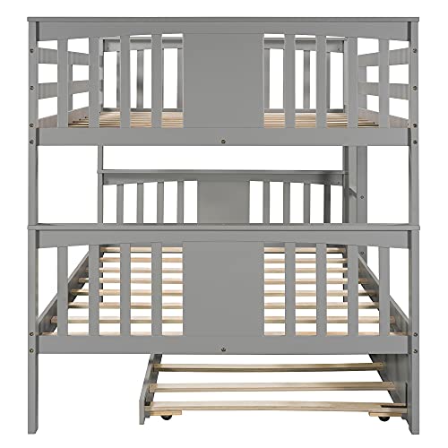 Lepfun Bunk Bed,Full Over Full Size Bunk Bed with Twin Size Trundle and Ladder for Bedroom,Guest Room and Dorm,Mutifunctional Bunk Bed for Kids,Adults,Teens,No Box Spring Needed,Gray