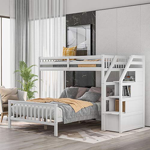 DEYOBED Twin Over Full Wooden Bunk Bed and Loft Bed Convetible with Storage Staircases for Kids Teens