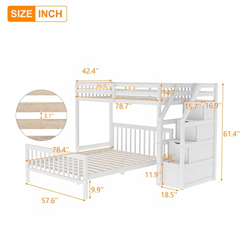 DEYOBED Twin Over Full Wooden Bunk Bed and Loft Bed Convetible with Storage Staircases for Kids Teens