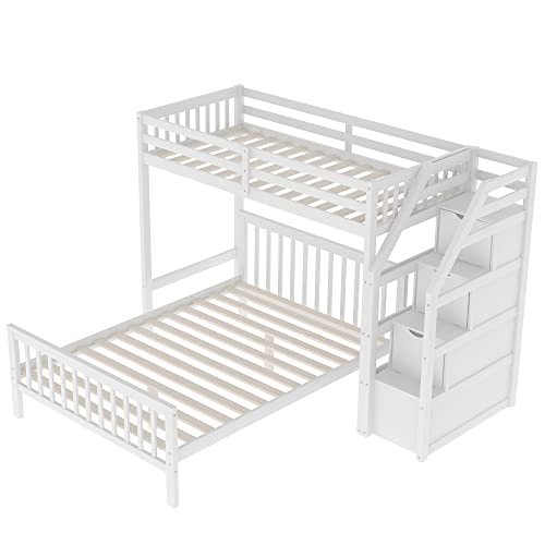 DEYOBED Twin Over Full Wooden Bunk Bed and Loft Bed Convetible with Storage Staircases for Kids Teens