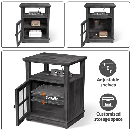 HIFYOBRO End Table with Wireless Charging Station, Nightstand with Storage, Wood Sofa Side Table with USB Port for Living Room, Bedroom, Grey