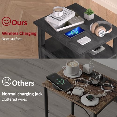 HIFYOBRO End Table with Wireless Charging Station, Nightstand with Storage, Wood Sofa Side Table with USB Port for Living Room, Bedroom, Grey