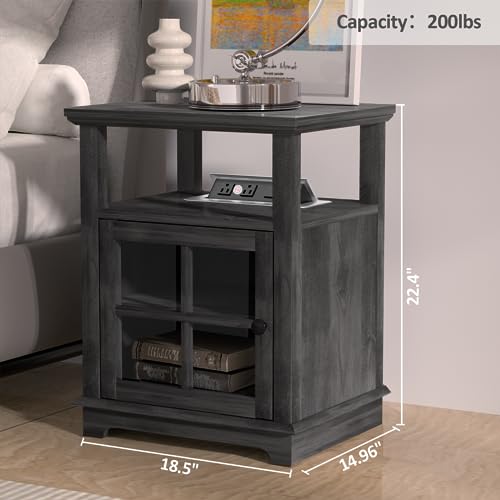 HIFYOBRO End Table with Wireless Charging Station, Nightstand with Storage, Wood Sofa Side Table with USB Port for Living Room, Bedroom, Grey