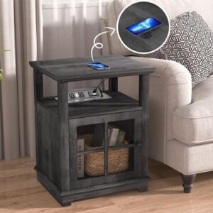 HIFYOBRO End Table with Wireless Charging Station, Nightstand with Storage, Wood Sofa Side Table with USB Port for Living Room, Bedroom, Grey