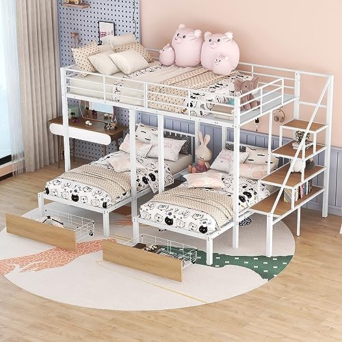 Merax Full Over Twin-Twin Triple Metal Bunk Bed Frame with 2 Storage Drawers and Staircase,White