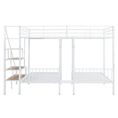 Merax Full Over Twin-Twin Triple Metal Bunk Bed Frame with 2 Storage Drawers and Staircase,White