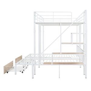 Merax Full Over Twin-Twin Triple Metal Bunk Bed Frame with 2 Storage Drawers and Staircase,White