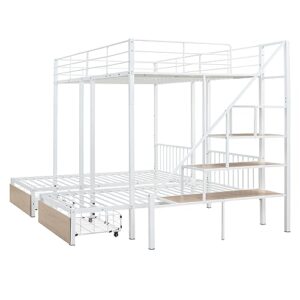 Merax Full Over Twin-Twin Triple Metal Bunk Bed Frame with 2 Storage Drawers and Staircase,White