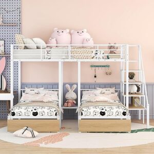 Merax Full Over Twin-Twin Triple Metal Bunk Bed Frame with 2 Storage Drawers and Staircase,White