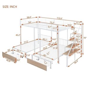 Merax Full Over Twin-Twin Triple Metal Bunk Bed Frame with 2 Storage Drawers and Staircase,White