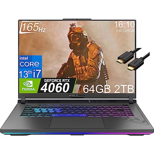 ASUS ROG Strix G16 16" FHD+ 165Hz (Intel 13th Gen Core i7-13650H, 64GB DDR5 RAM, 2TB PCIe SSD, GeForce RTX 4060 8GB) RGB Backlit Gaming Laptop, Thunderbolt 4, Wi-Fi 6E, IST Cable, Win 11 Home - 2023