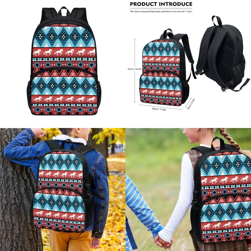 Rivatimrio Horse Rhombus Geometric Backpack and Tribal Ethnic Lunchbox Pencil Case Set 3 in 1 Elementary Middle School Bookbags and Lunch Box Set for Teens Kids Book Bags