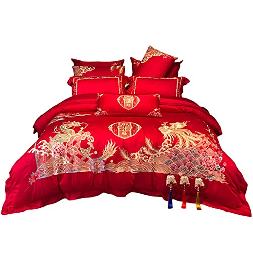 Wedding Cotton Satin Jacquard Four-Piece Set Chinese Dragon and Phoenix Embroidery Duvet Cover Wedding Bedding (Color : Red 10-Piece Suit, Size : 2m) (Red 6 Piece Suit)