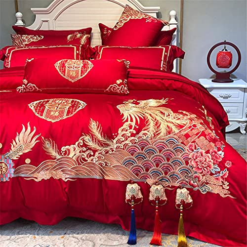 Wedding Cotton Satin Jacquard Four-Piece Set Chinese Dragon and Phoenix Embroidery Duvet Cover Wedding Bedding (Color : Red 10-Piece Suit, Size : 2m) (Red 6 Piece Suit)