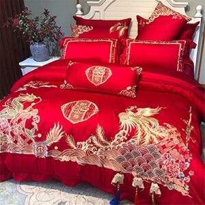 Wedding Cotton Satin Jacquard Four-Piece Set Chinese Dragon and Phoenix Embroidery Duvet Cover Wedding Bedding (Color : Red 10-Piece Suit, Size : 2m) (Red 6 Piece Suit)