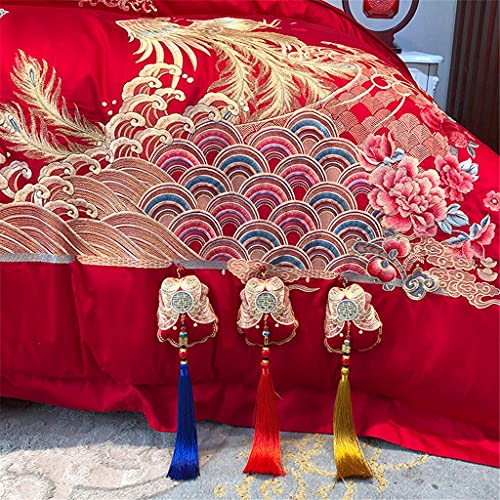 Wedding Cotton Satin Jacquard Four-Piece Set Chinese Dragon and Phoenix Embroidery Duvet Cover Wedding Bedding (Color : Red 10-Piece Suit, Size : 2m) (Red 6 Piece Suit)