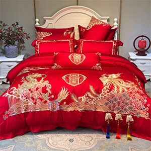 Wedding Cotton Satin Jacquard Four-Piece Set Chinese Dragon and Phoenix Embroidery Duvet Cover Wedding Bedding (Color : Red 10-Piece Suit, Size : 2m) (Red 6 Piece Suit)