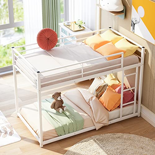 TARTOP Metal Bunk Bed Twin Over Twin, Low Bunk Bed Frame with Ladder & Guardrail for Teens Adults Dormitory Bedroom, Heavy Duty Metal Bed Frame, Easy Assembly, No Box Spring Required, White