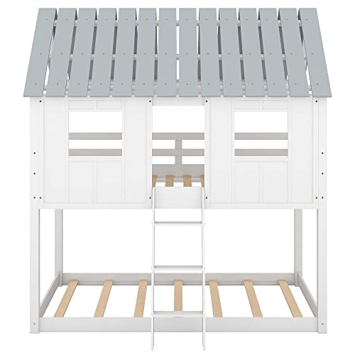 TARTOP Twin Over Twin Size Low Bunk Beds with roof and Fence Shaped guardrail, Twin Over Twin Wooden Bed Frame with Guardrails for Kids Teens Girls Boys, White