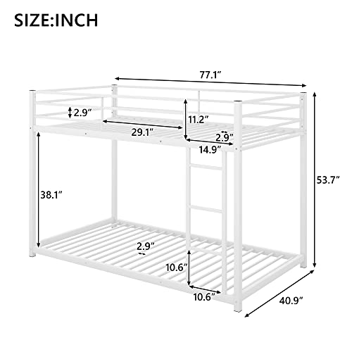 TARTOP Metal Bunk Bed Twin Over Twin, Low Bunk Bed Frame with Ladder & Guardrail for Teens Adults Dormitory Bedroom, Heavy Duty Metal Bed Frame, Easy Assembly, No Box Spring Required, White