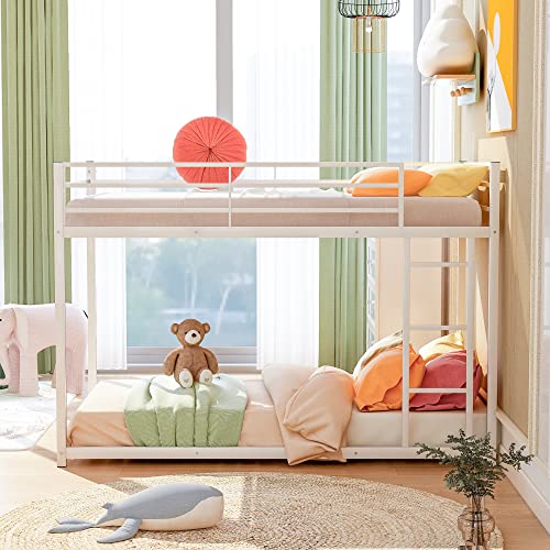 TARTOP Metal Bunk Bed Twin Over Twin, Low Bunk Bed Frame with Ladder & Guardrail for Teens Adults Dormitory Bedroom, Heavy Duty Metal Bed Frame, Easy Assembly, No Box Spring Required, White