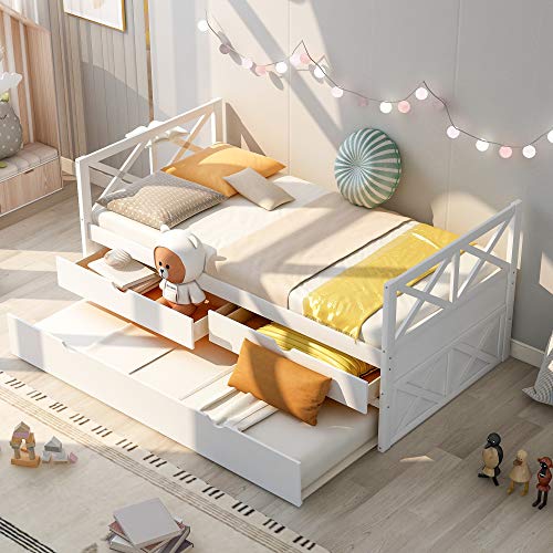 TARTOP Daybed with Pull Out Trundle, Daybed with 2 Storage Drawers, Captain Daybed with Trundle, Twin Sofa Bed with Trundle for Bedroom Living,White