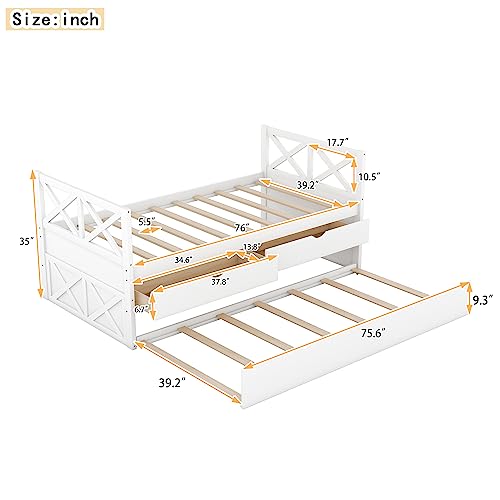 TARTOP Daybed with Pull Out Trundle, Daybed with 2 Storage Drawers, Captain Daybed with Trundle, Twin Sofa Bed with Trundle for Bedroom Living,White