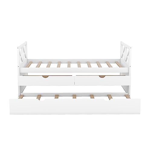 TARTOP Daybed with Pull Out Trundle, Daybed with 2 Storage Drawers, Captain Daybed with Trundle, Twin Sofa Bed with Trundle for Bedroom Living,White