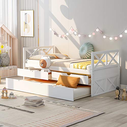 TARTOP Daybed with Pull Out Trundle, Daybed with 2 Storage Drawers, Captain Daybed with Trundle, Twin Sofa Bed with Trundle for Bedroom Living,White