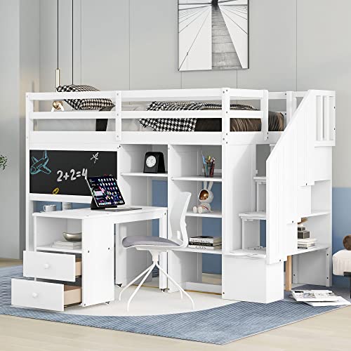 TARTOP Twin Size Loft Bed with Pullable Desk and Storage Shelves Under Bed,Wood High Loft Bed with Staircase and Blackboard, Twin Size Loft Bed Frame for Kids, Teens, Adults, White