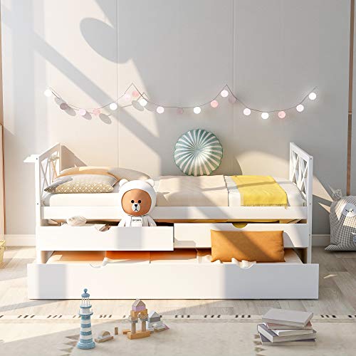 TARTOP Daybed with Pull Out Trundle, Daybed with 2 Storage Drawers, Captain Daybed with Trundle, Twin Sofa Bed with Trundle for Bedroom Living,White