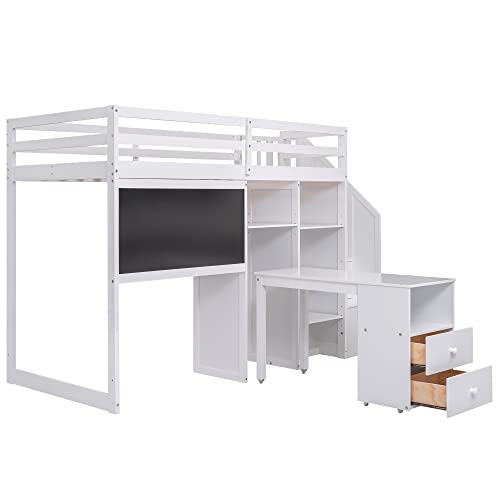 TARTOP Twin Size Loft Bed with Pullable Desk and Storage Shelves Under Bed,Wood High Loft Bed with Staircase and Blackboard, Twin Size Loft Bed Frame for Kids, Teens, Adults, White