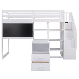 TARTOP Twin Size Loft Bed with Pullable Desk and Storage Shelves Under Bed,Wood High Loft Bed with Staircase and Blackboard, Twin Size Loft Bed Frame for Kids, Teens, Adults, White