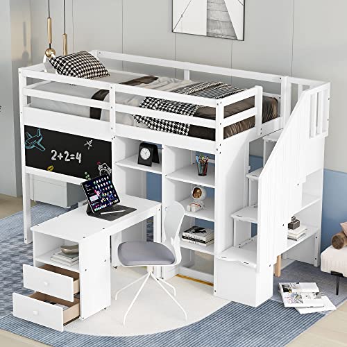 TARTOP Twin Size Loft Bed with Pullable Desk and Storage Shelves Under Bed,Wood High Loft Bed with Staircase and Blackboard, Twin Size Loft Bed Frame for Kids, Teens, Adults, White