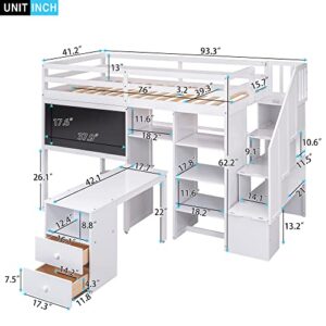 TARTOP Twin Size Loft Bed with Pullable Desk and Storage Shelves Under Bed,Wood High Loft Bed with Staircase and Blackboard, Twin Size Loft Bed Frame for Kids, Teens, Adults, White