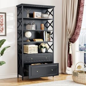 tribesigns black bookshelf with 2 drawers tall narrow bookshelf industrial 5 tier bookcase heavy duty display book shelf organizer with open storage shelves for living room, bedroom