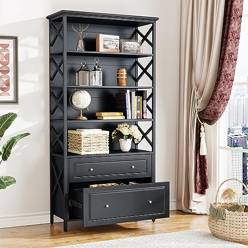 Tribesigns Black Bookshelf with 2 Drawers Tall Narrow Bookshelf Industrial 5 Tier Bookcase Heavy Duty Display Book Shelf Organizer with Open Storage Shelves for Living Room, Bedroom