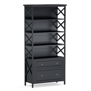 Tribesigns Black Bookshelf with 2 Drawers Tall Narrow Bookshelf Industrial 5 Tier Bookcase Heavy Duty Display Book Shelf Organizer with Open Storage Shelves for Living Room, Bedroom