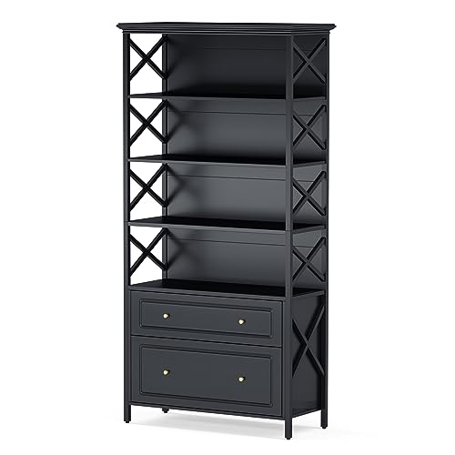 Tribesigns Black Bookshelf with 2 Drawers Tall Narrow Bookshelf Industrial 5 Tier Bookcase Heavy Duty Display Book Shelf Organizer with Open Storage Shelves for Living Room, Bedroom