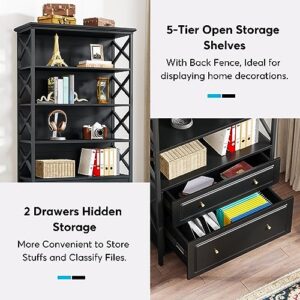 Tribesigns Black Bookshelf with 2 Drawers Tall Narrow Bookshelf Industrial 5 Tier Bookcase Heavy Duty Display Book Shelf Organizer with Open Storage Shelves for Living Room, Bedroom