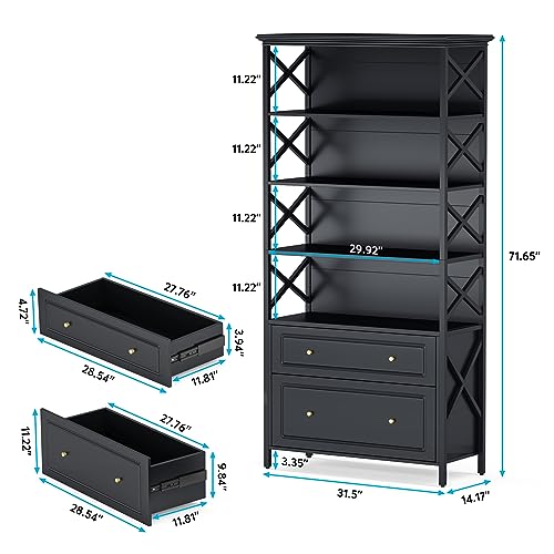 Tribesigns Black Bookshelf with 2 Drawers Tall Narrow Bookshelf Industrial 5 Tier Bookcase Heavy Duty Display Book Shelf Organizer with Open Storage Shelves for Living Room, Bedroom